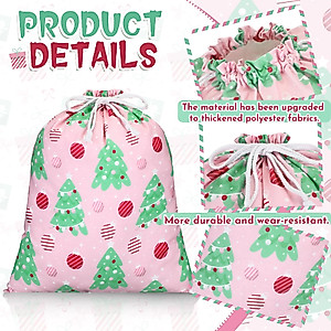 Clysee 10 Pcs Pink Christmas Fabric Gift Bags with Drawstrings Xmas Stocking Storage Sacks Large Medium Small Reusable Christmas Gift Bag Cotton Wrapping Bags for Xmas Presents Party Favor