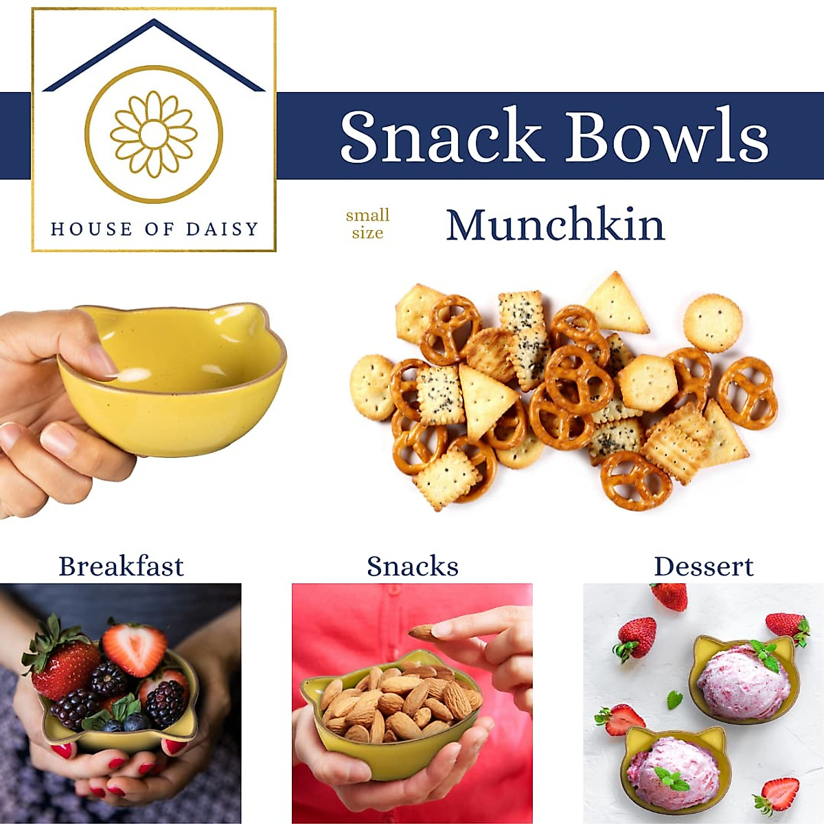 House of Daisy Snack Bowls | Fruit Bowl | Ice Cream Bowls | Nut Bowls | Ceramic Cat Shaped Bowls | Cute Cat Shaped Bowls for Humans | Food Safe for Cats or People | Munchkin (Small), Set of 2