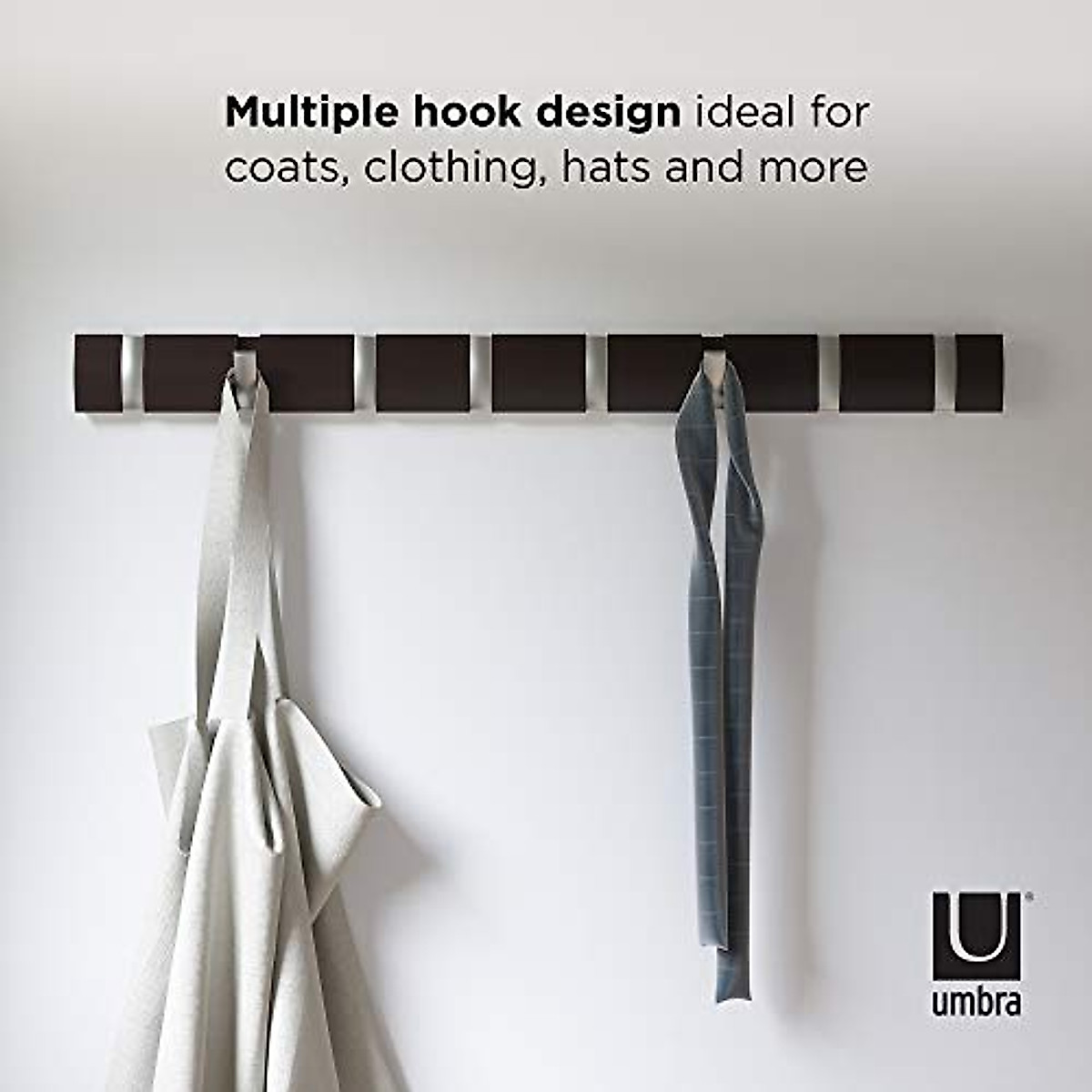Umbra Flip Wall Mounted Floating Rack – Modern, Sleek, Space-Saving Hanger with Retractable Hooks to Hang Coats, Scarves, Purses and More, 8, Espresso