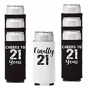 Veracco Finally 21 Cheers to 21 Years Twenty First Slim Can Coolie Holder 21st Birthday Gift Party Favors Decorations (Black/White, 6)