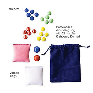 Hearthsong Retro Hopscotch and Marble 2-in-1 Rug, 80”L x 25”W Rug, Plush Drawstring Bag, 22 Ceramic Marbles, 2 Bean Bags, Ages 3 and Up