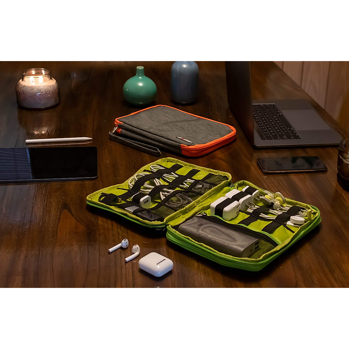 Three Layer Electronics Organizer and Travel Organizer for Tablet, Cables, and Chargers. Size XL Fit up to 10" Tablets. (Grey and Bright Orange)