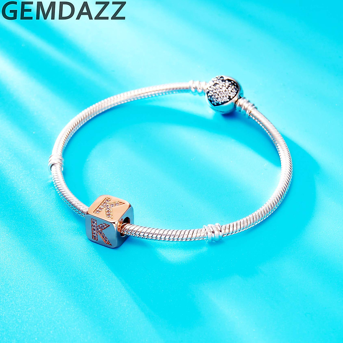 Letter K Charm, Rose Gold Dice Beads with CZ, fit Pandora Bracelet, 925 Sterling Silver Initial A to Z Alphabet K Cube Charms, Gifts for BFF/Christmas/Mothers Day