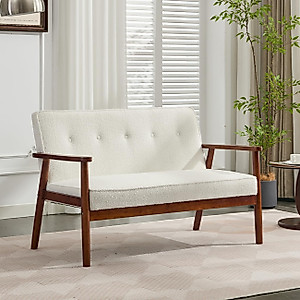 AODAILIHB Small Sofa Couch for Small Spaces, Mid Century Modern Couch Beige Loveseat Sofa for Living Room Teddy Fleece Love Seats with Solid Wood Arms 2 Seat Couches for Bedrooms Office (Beige)
