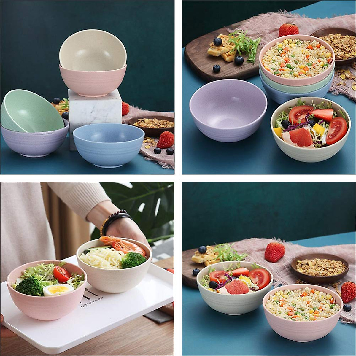 Hemoton 10pcs Unbreakable Cereal Bowls Wheat Straw Fiber Dishwasher and Microwave Safe Bowls for Dinner Dessert Rice Soup Pink Blue Beige Green Purple