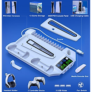 PS5 Slim Stand and Cooling Station with Controller Charging Station for Playsation 5 Slim/PS5 Disc Digital Console, PS5 Accessories Incl. 3 Levels Cooling Fan, 13 Game Slots, 3 USB HUB, Headset Holder