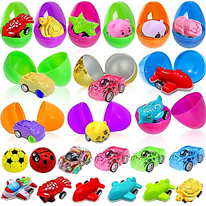 [ 1 Golden Egg ] 24 Pack Filled Easter Eggs with Pull Back Cars Toys Inside 24 Styles Vehicle Plastic Surprise Eggs for Kids Toddlers Easter Basket Stuffers Fillers Easter Eggs Hunt Party Favor Gift