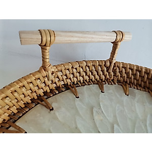 MEJEJO Set 3 Pack Round Rattan Wicker Tray with Mother of Pearl Inlay Wooden Handle for Fruit Serving, Coffee Table Tray, Vanity Tray Organizer for Kitchen, Storage and Display (Leaf)