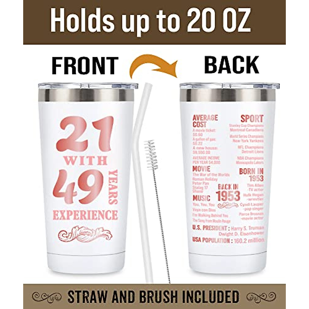 Henghere 70th Birthday Gifts for Women, 70th Birthday Gift for Friend, Mom, Grandma，Sister, Wife, Aunt, Coworker, Happy 70 Year Old Birthday Decorations Women | Thermos Cup - White