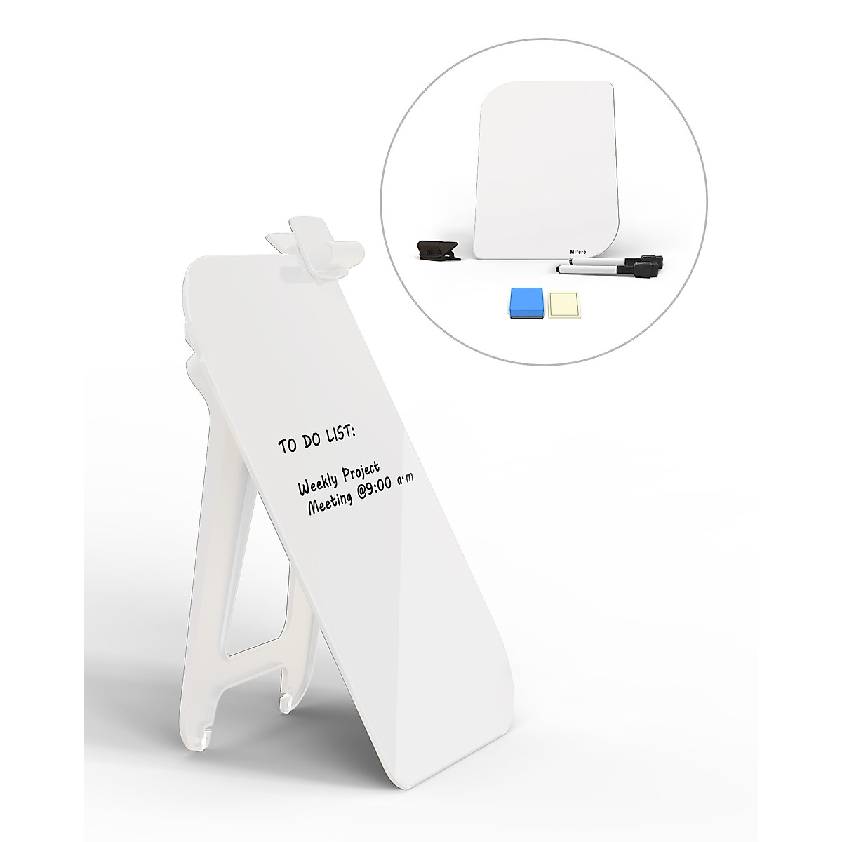 Mifuro 12 x 8 Inches Glass Desktop Whiteboard, Small Dry Erase White Board with Storage Unit, Computer Keyboard Stand, Desk Organizers for Office, Home and School Accessories Supplies (White)…