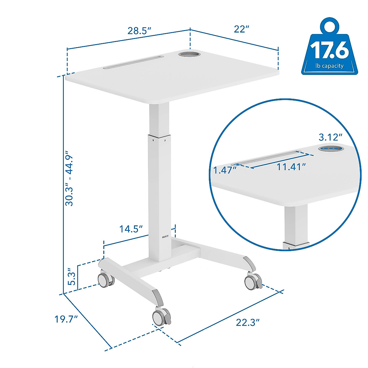 Mount-It! Standing Mobile Laptop Cart, Sit Stand Rolling Desk with Height Adjustable 31.1" x 20.5" Platform, Supports up to 17.6 lbs, White