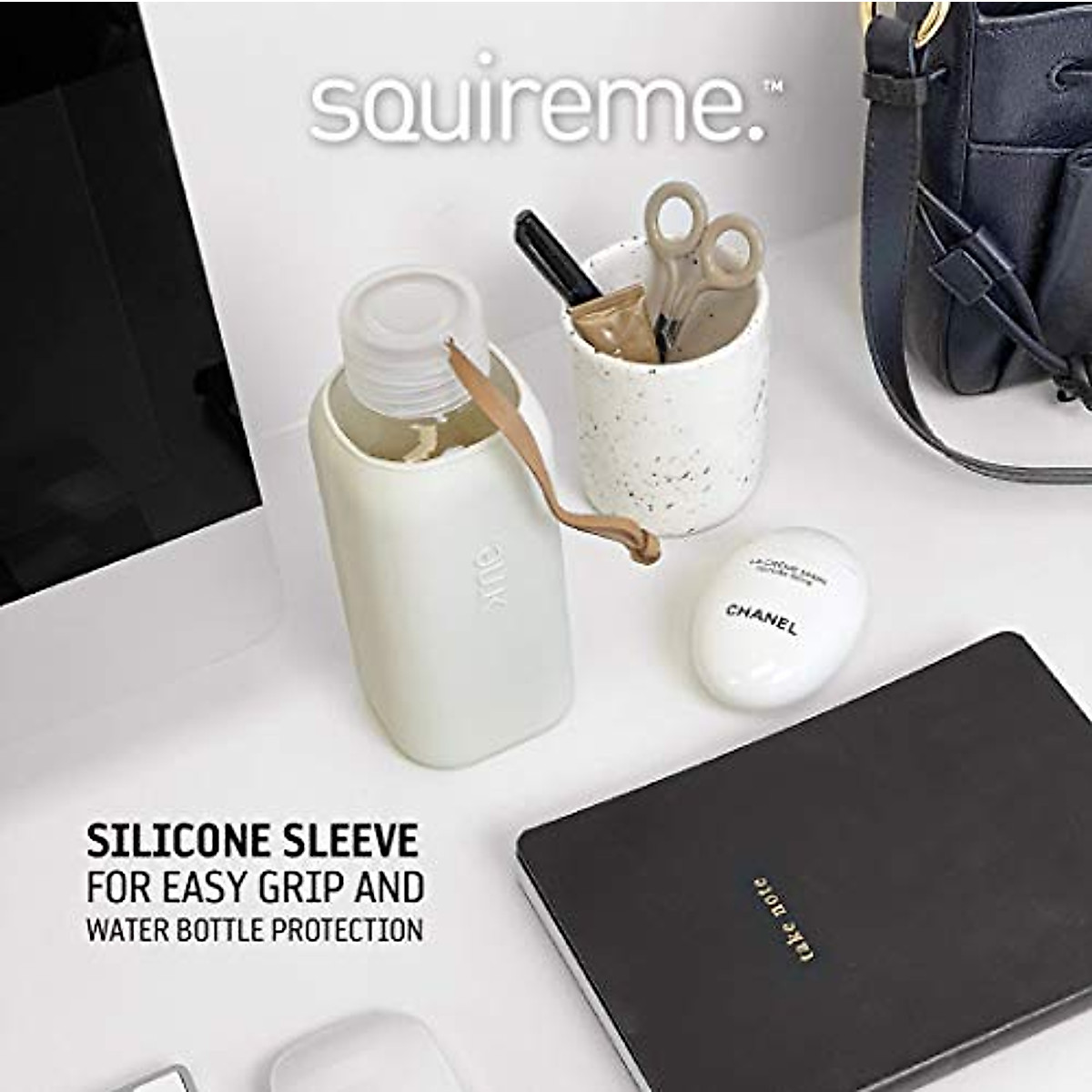 SQUIREME. Y1 Borosilicate Glass Water Bottles, Clear Bottle, Reusable, BPA Free, Tumbler, Dishwasher Safe, Drink Container, Silicone Sleeve, Easy-Off Lid, Hot and Cold Liquid, Concrete Grey 20oz