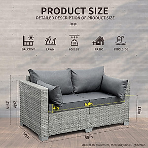 WAROOM Patio Loveseat Outdoor Wicker Small Couch PE Rattan 2-Seater Furniture Sofa, Deep Patio Seating with Grey Cushion