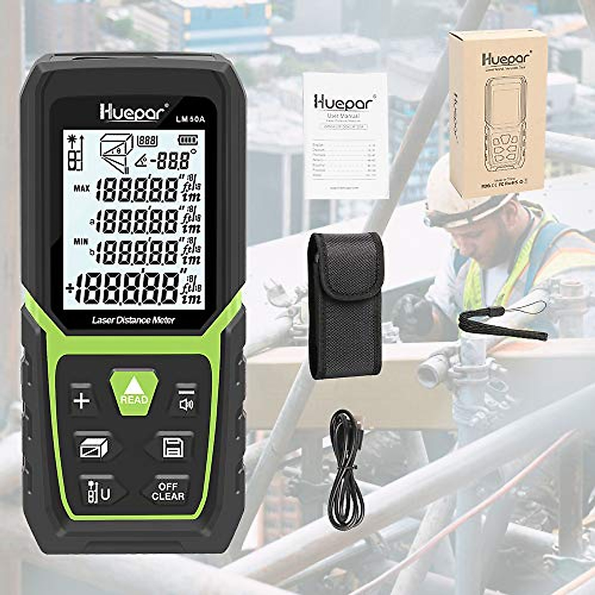 Huepar Laser Distance Measure 165Ft with Li-ion Battery & Electric Angle Sensor, Backlit LCD Laser Measure Ft/in/M with High Accuracy Multi-Measurement Modes, Pythagorean, Distance, Area&Volume-LM50A