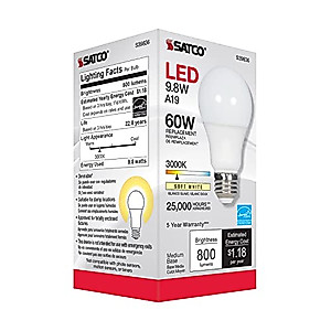 Satco S39836/06 9.8-Watt LED E26 Light Bulbs, 3000K, 25000 Hour Rating, Dimmable, 1 Count (Pack of 6)