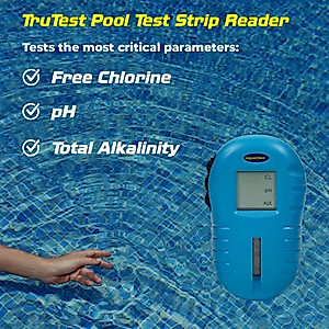 AquaChek TruTest Digital Test Strip Reader For Pool and Spa Water Testing - Tests for Free Chlorine, Free Bromine, pH, and Total Alkalinity - Quick & Accurate Results Includes 25 TruTest Strips (Blue)
