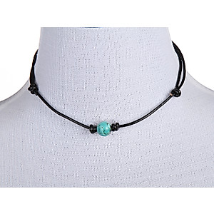 Barch Single Stone Turquoise Choker Necklace on Black Leather Cord for Women (Round Adjustable 1#)