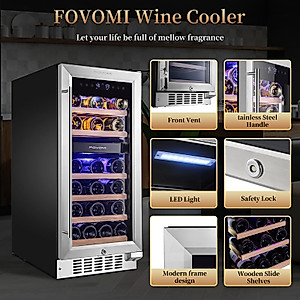FOVOMI 34 Bottles Wine Cooler Fridge (Bordeaux 750ml) Compressor 15" Wine Cellars,Built-in or Freestanding Dual Zone Refrigerator - Chiller for Kitchen,Home Bar