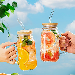 wookgreat Mason Jars with Handle, 6 Pack 24oz Mason Jar Drinking glasses with lid and straw, Mason Jar Cups, Regular Mouth Mason Jar mugs for Iced Coffee, Smoothie, Airtight Lids for Food Storage