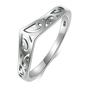 925 Sterling Silver Ring，BoRuo Filigree Thumb Chevron High Polish Comfort Fit Band Ring Size 9