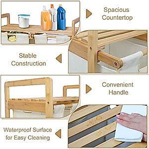 Bellzacasa Bamboo Laundry Hamper Shelf 2 Section Hamper Laundry Basket Bamboo Laundry Organizer with 2 Removable Beige Liner Bag For Bathroom Living Room Bedroom