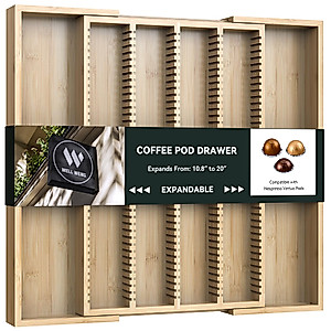 WELL WENG Larger Expandable Bamboo Organizer Holder for Counter Drawer Insert - Compatible with Nespresso Vertuo Capsules - Tea Bags Storage (Natural)