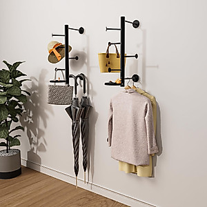 RCHYFEED Coat Rack Wall Mount, Vertical Coat Tree for Wall 16.9 Inch, Metal Modern Wall Hat Rack for Jackets, Bags, Hats, Swivel Coat Hanger with 6 Branches Key Tray for Entryway Living Room