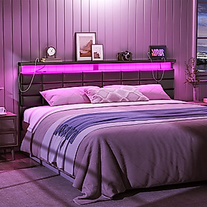 HOOBRO King Size Upholstered Headboard, Storage Rack with Charging Stations and LED Lights, PU Upholstery, Headboard with Open Storage Shelf, Adjustable Height, Sturdy and Stable, Black