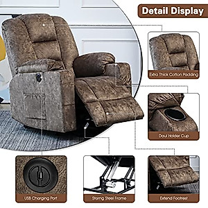 Power Lift Recliner Chair for Elderly Electric Massage Sofa with Heated Vibration,Side Pockets,Cup Holders, USB Ports,Massage Remote Control,Fabric Home Theater Seat Living Room Reclining Bed(Brown A)
