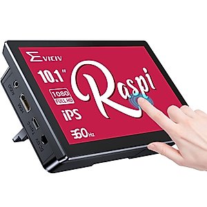EVICIV Raspb Pi 10.1 Inch Touchscreen Display with Rear Housing - 1366x768 Support, Type-C, IPS 178° Ultra-Wide View Angle Monitor with Cooling Fan, 10 Finger Capacitive Touch
