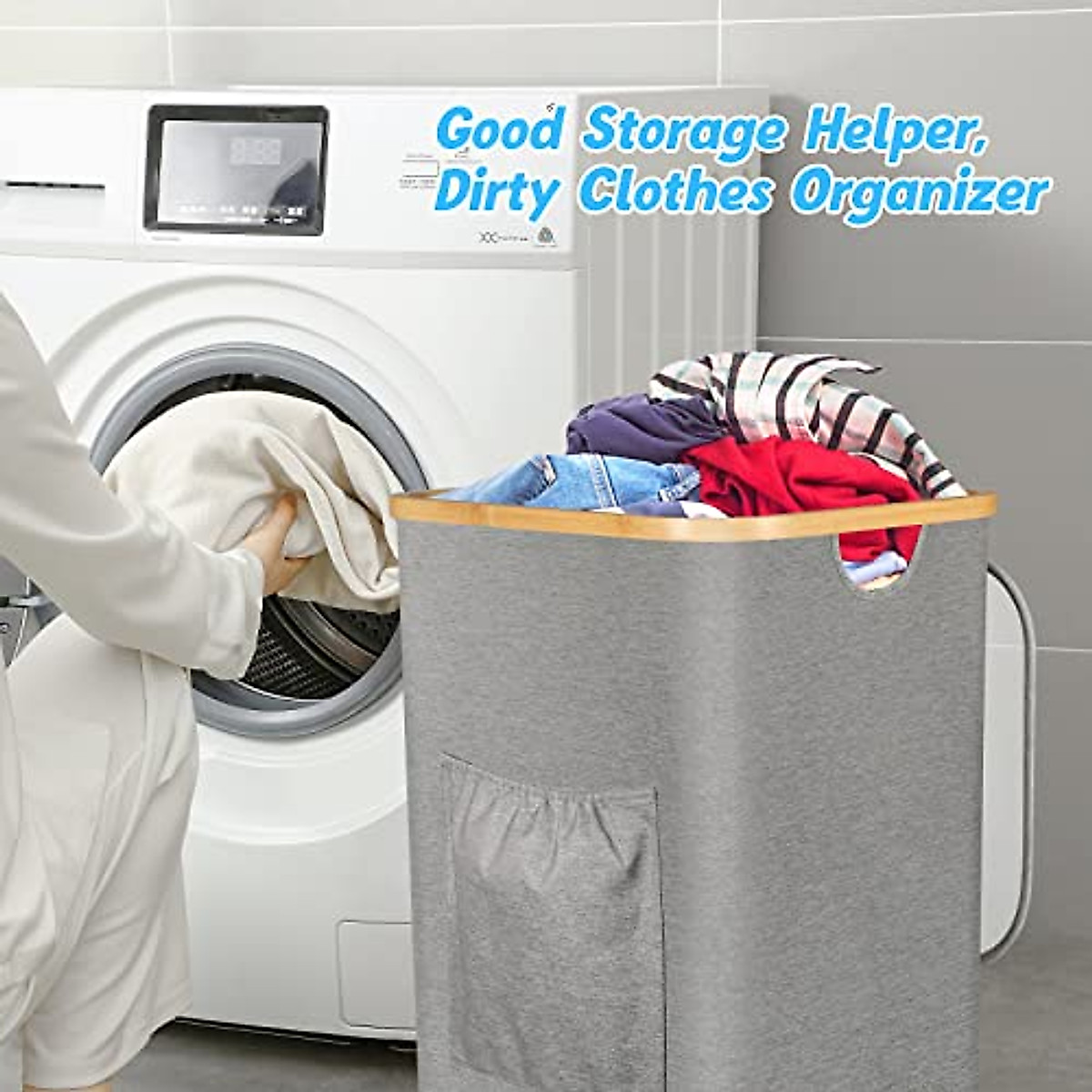 GLCONN Tall Laundry Basket with Lid, Inner Bag - 105L Large Laundry Hamper Bathroom Clothes Basket - Collapsible Storage Bin Grey Basket for Clothes, Toys, Dorm, Living Room, Bedroom Organizer