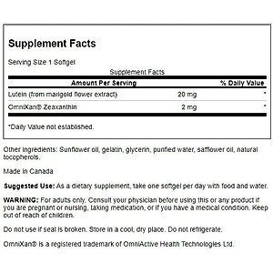 Swanson Lutein & Zeaxanthin Synergistic Eye Health Vision Retina Macula Supplement (Lutein 20 mg & OmniXan Zeaxanthin 2 mg) 60 Softgels Sgels