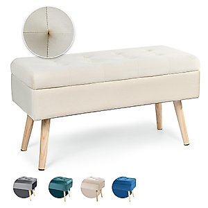 Nalupatio Storage Ottoman, Upholstered Fabric Ottoman with Safety Hinge, Padded Rectangular Footstool, Bench for Living Room & Bedroom (White)