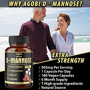agobi 7in1 D-Mannose Capsules Blended Cranberry, Dandelion, Hibiscus, Rosehips & More - Equivalent 6050mg - Support Flush Impurities and Urinary Tract Health - 180 Count 6-Month Supply