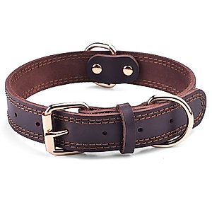 DAIHAQIKO Dog Collar, Genuine Leather Dog Collar, Heavy Duty Dog Collar, Wide Dog Collar for Small Dog, Medium Dog, Large Dog and Extra Large Dog (M: 1" Wide for 15.2"-19.2" Neck, Dual Stitch - Brown)