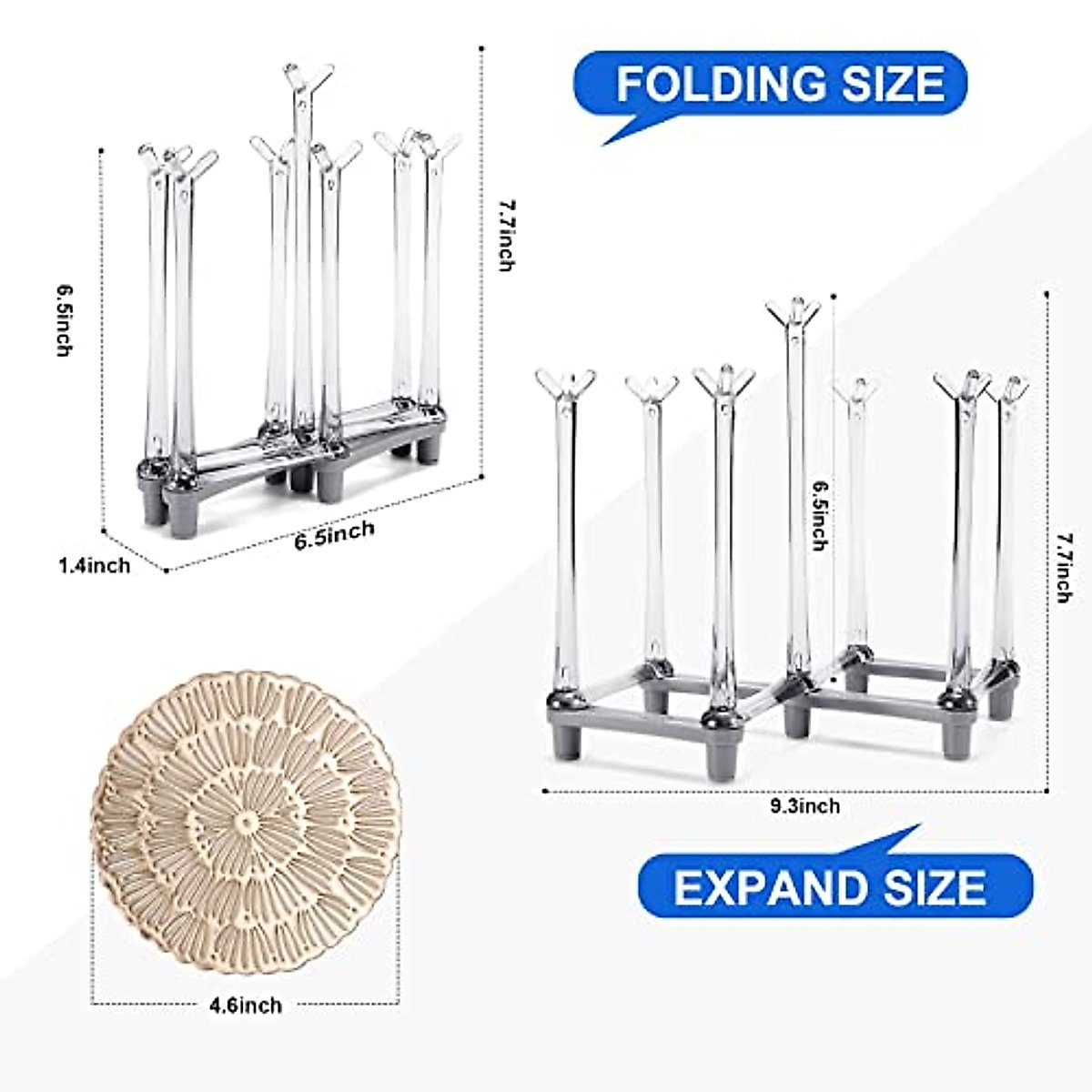 Maxcocola Retractable Cup Drying Rack with 6PCS Coasters, Retractable Drying Rack and Bottle Drying Rack, Plastic Bag Drying Rack and Mug Tree with Antiskid Bottom for Countertop(Gray)