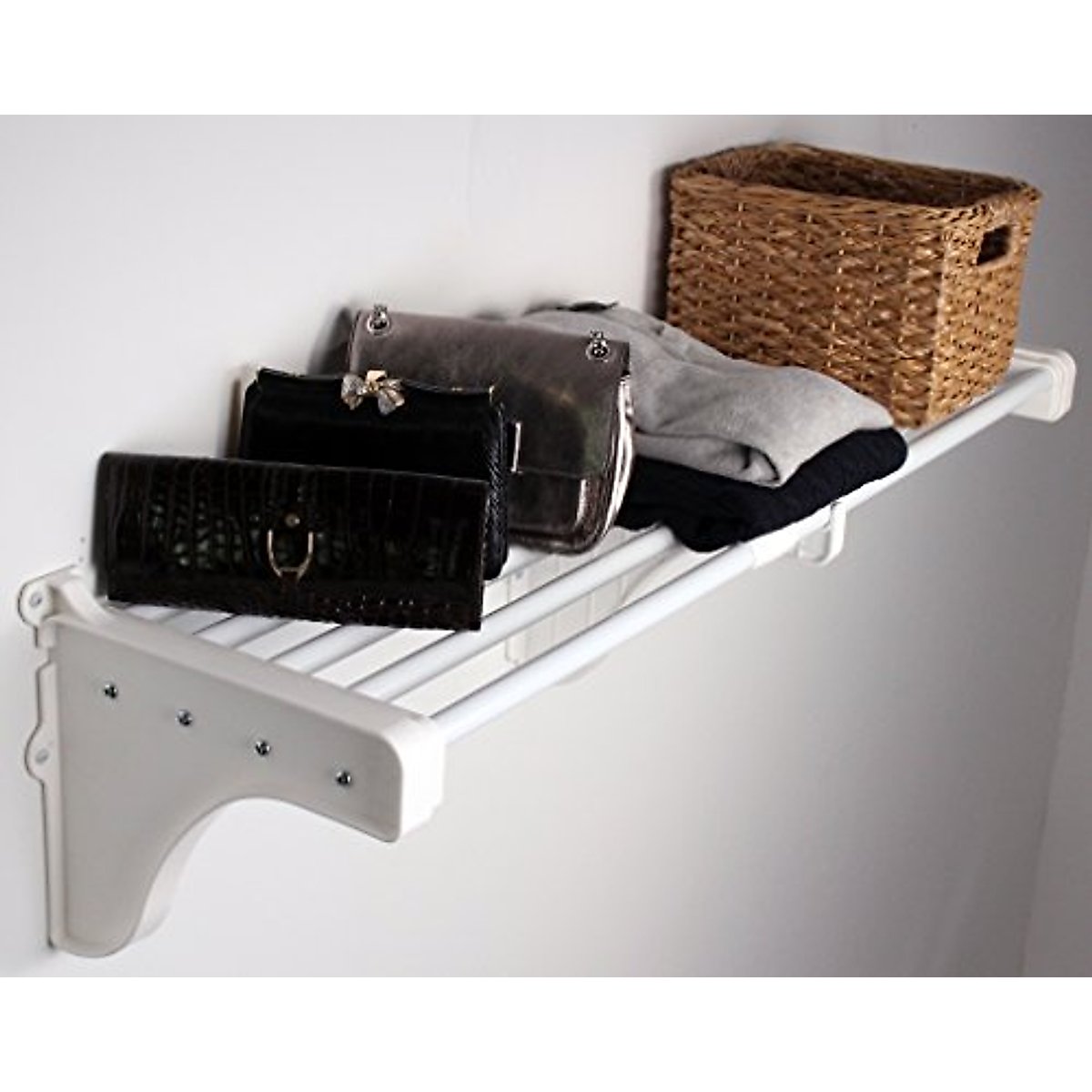 EZ Shelf DIY Expandable Shelf ONLY (No Hanging Rod) - 42.5” - 75” -White-Mounts to Backwall(Floating) with 2 End Brackets-Easy to Install-Strong- Closet Wire Shelving Alternative-(EZS-SW72-1-2)