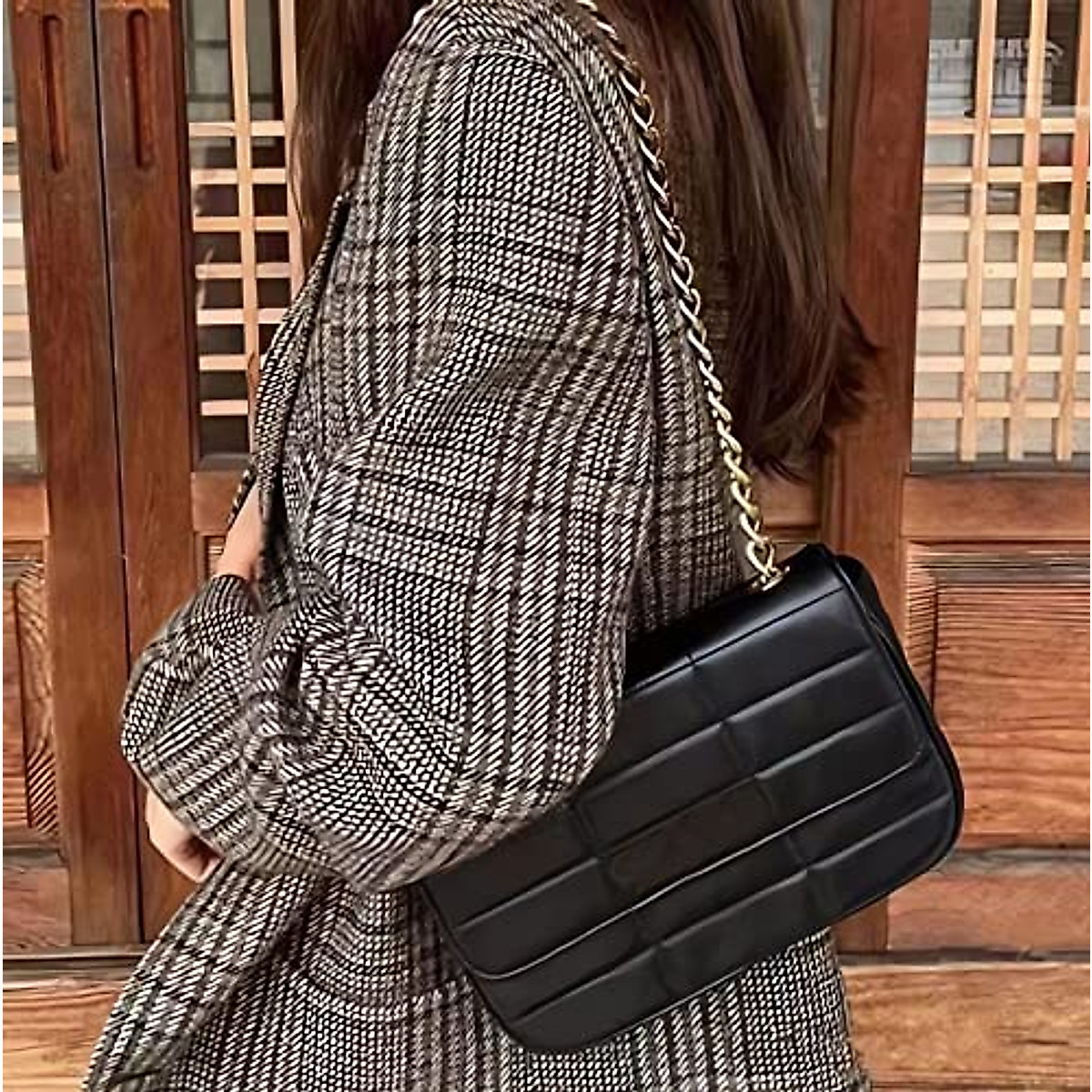 ZWPO Women's Leather Designer Crossbody Bags and Purses,Female Chain Messenger Clutch Bag Adjustable Quilted Handbags 04Square Black