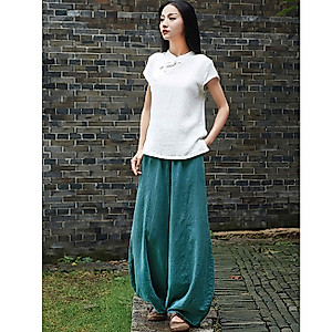 IXIMO Women's Casual Cotton Linen Baggy Pants with Elastic Waist Relax Fit Lantern Trousers (Blue, XX-Large)