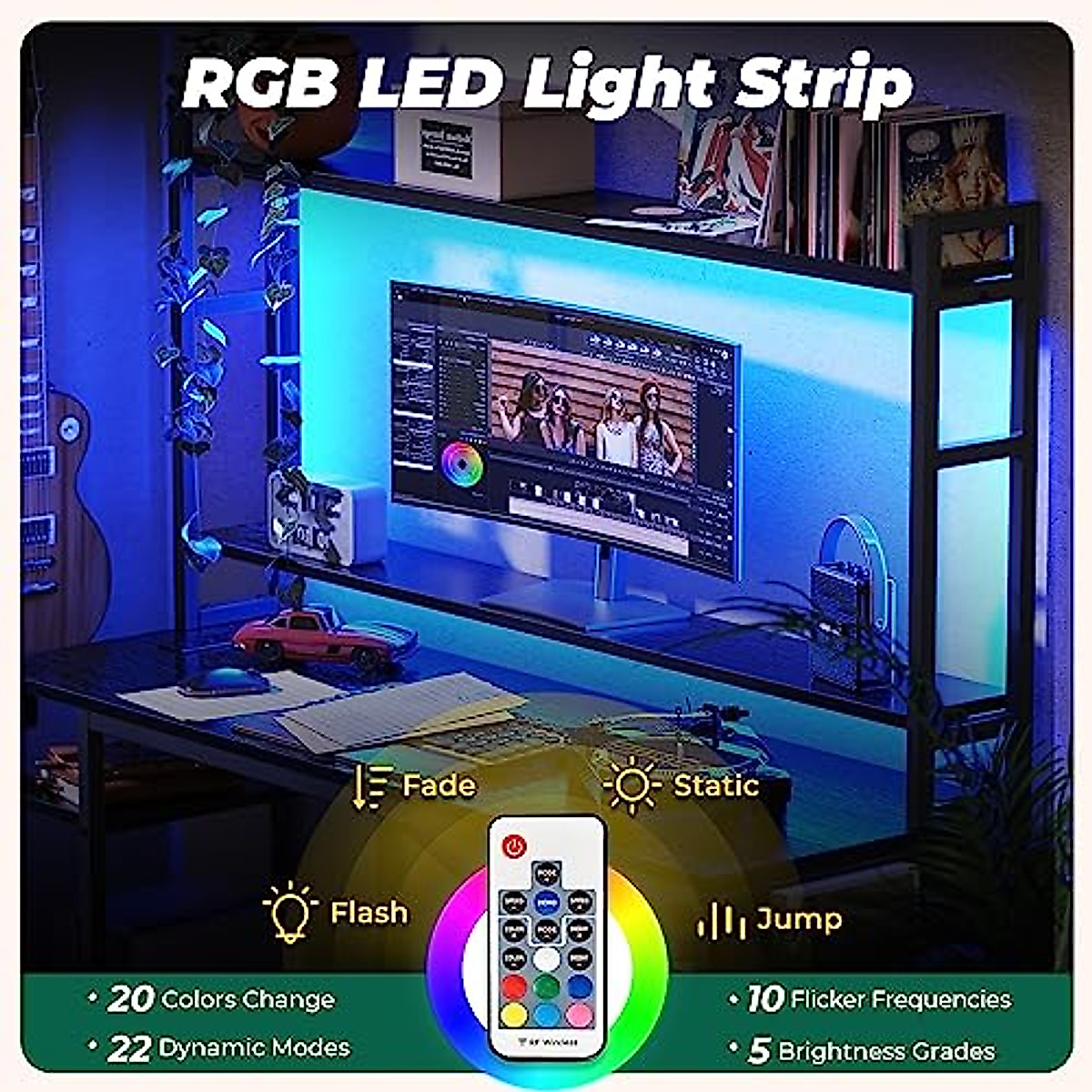 Huuger 55 inch Computer Desk with Adjustable Shelves, Gaming Desk with LED Lights & Power Outlets, Home Office Desk with Monitor Stand, Hooks & CPU Stand, Black