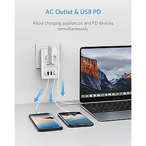 BESTEK International Travel Adapter, 3000W Converter Travel Adapter for Hair Dryer, Curling Iron USB Travel Wall Charger with Worldwide Wall Plugs for US, EU(PD35W,1004, White)