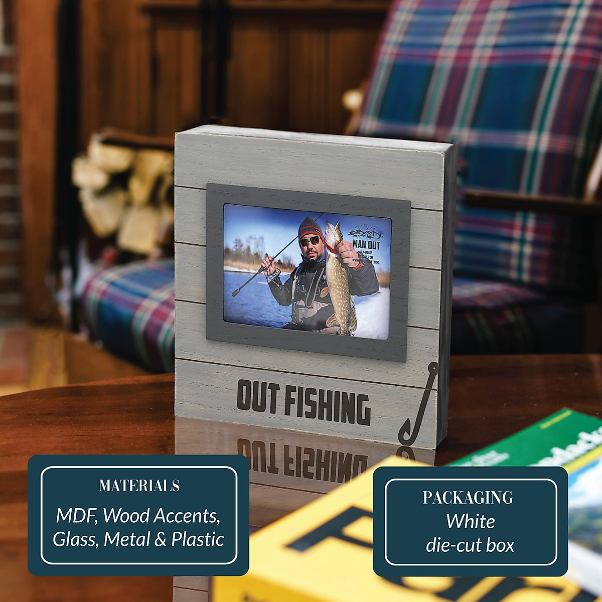 Pavilion - Out Fishing Wood Tabletop Picture Frame, Holds 4 x 6-inch Photo, Rustic Picture Frames, River Vacation Photo Frame, Fishing, 1 Count, 8.75 x 8.75 inches Overall in Size,Gray