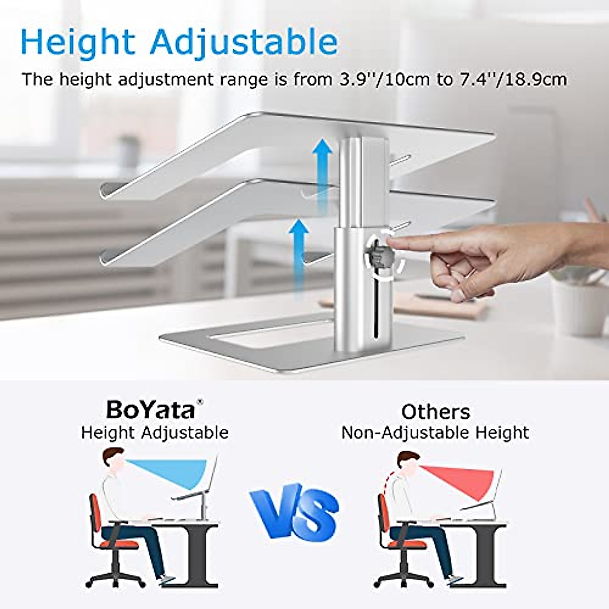 BoYata Laptop Stand, Ergonomic Aluminum Height Adjustable Computer Stand Laptop Riser Holder for Desk, Compatible with MacBook Pro/Air, Dell, Lenovo, HP, Samsung, More Laptops 11-17"