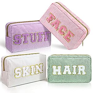 4 Pcs Makeup Bags Chenille Letter Patch Cosmetic Bag Portable Travel Zipper Pouch Small Organizer Makeup Bag Set for Women (Purple, Pink, White, Green, Fresh)