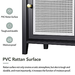 IMGDD Boho Style Slim Tall Cabinet with Rattan Door, Mid Century Modern Tower Cabinet Up to 63", Country Style Freestanding Organizer with Metal Handles for Living Room, Bedroom, Bathroom (Black)