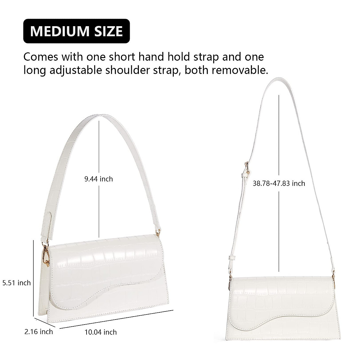 Telena Shoulder Bag for Women, Vegan Leather Women's Shoulder Purses Handbags with 2 Removable Strap Crossbody Bag Purses Crocodile Pattern White