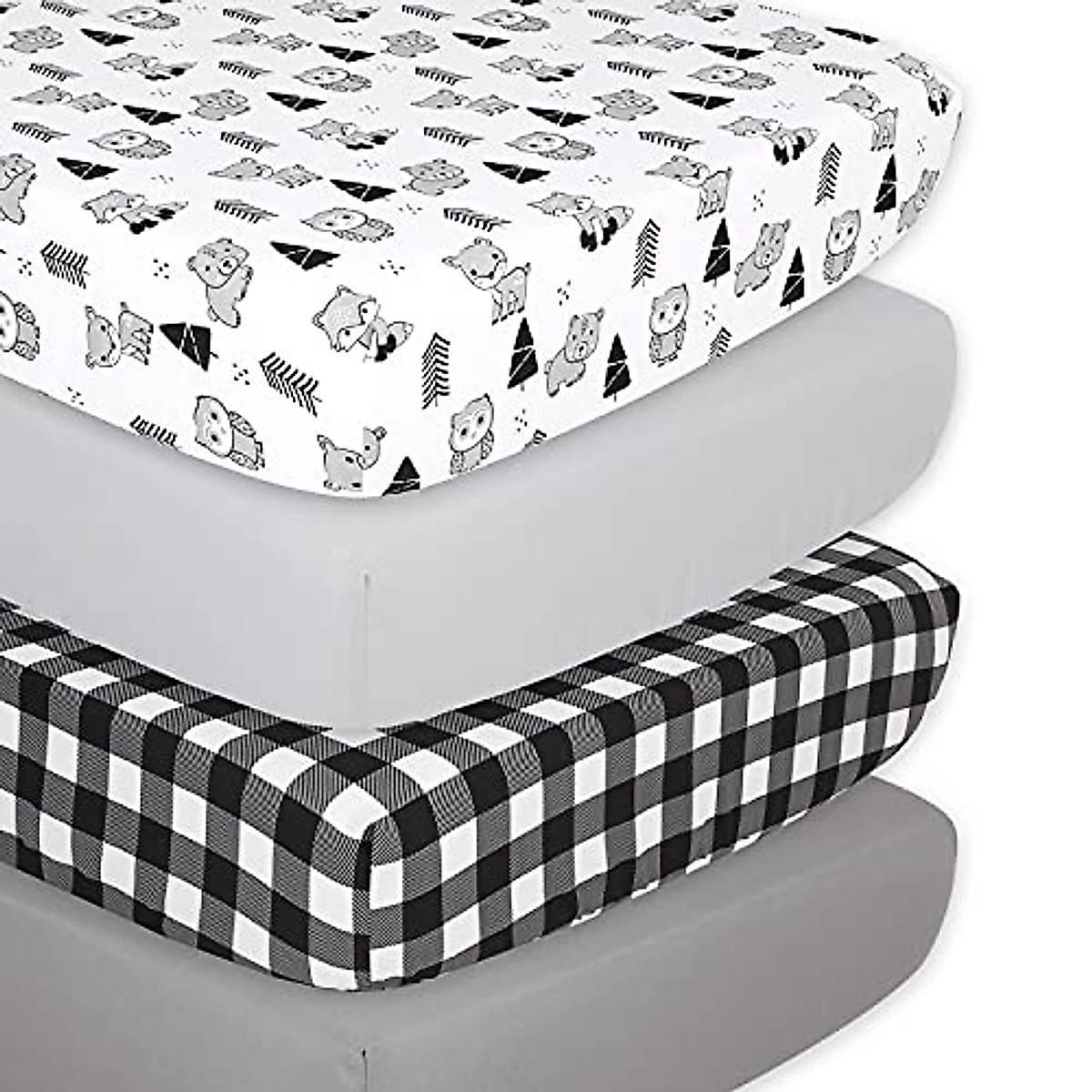 The Peanutshell Fitted Crib Sheet Set for Baby Boys or Girls - Unisex 4 Pack - Woodland Animals & Buffalo Plaid
