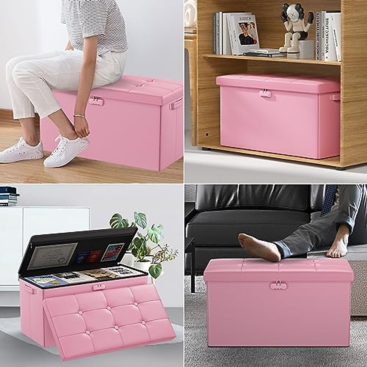 ENGPOW Storage Ottoman Bench,Fireproof Folding Storage Bench with Lock,30 Inches Fire＆Water Resistant Storage Chest Foot Rest Stool Leather Bedroom Bench with Storage Safe for Document,Valuables,Pink
