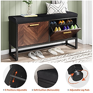 Tribesigns Storage Bench With Seat Cushion, Entryway Shoe Bench With 2 Flip Drawers, Hallway Cabinet, Hidden Organizer for Living Room, Bedroom, Mudroom, Black