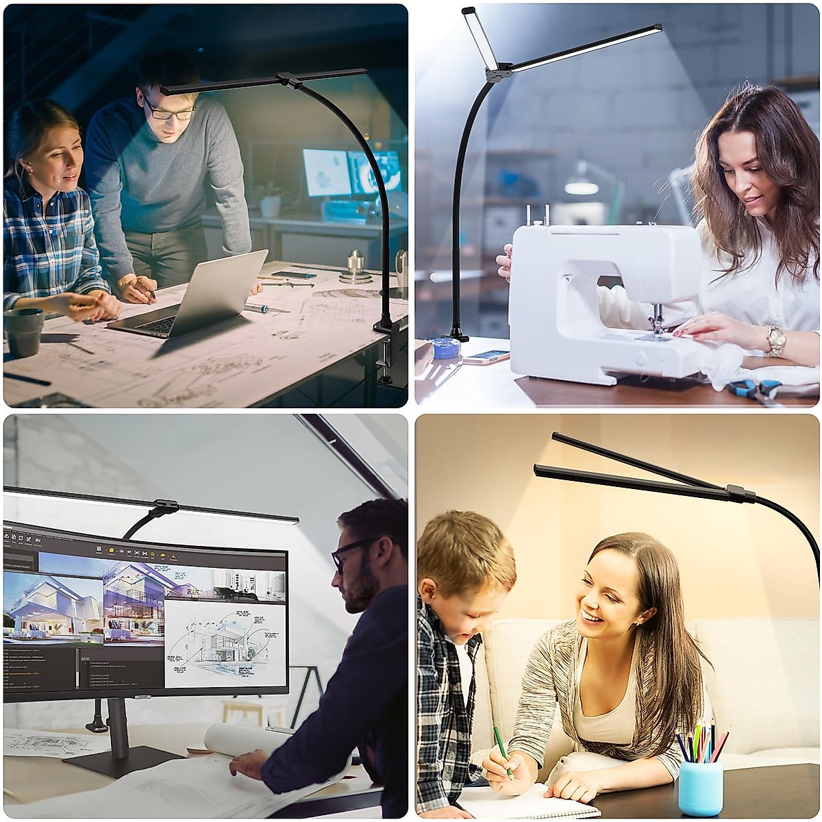 ShineTech Led Desk Lamp for Office Home, Bright Double Head Desk Light with Clamp, Architect Task Lamp 50 Lighting Modes Adjustable Flexible Gooseneck